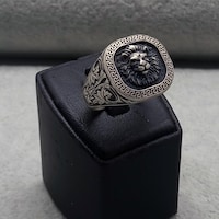 Silver Sapphire Stone Leon Head Ring, Men Lion Head Ring, Handmade Wild ...