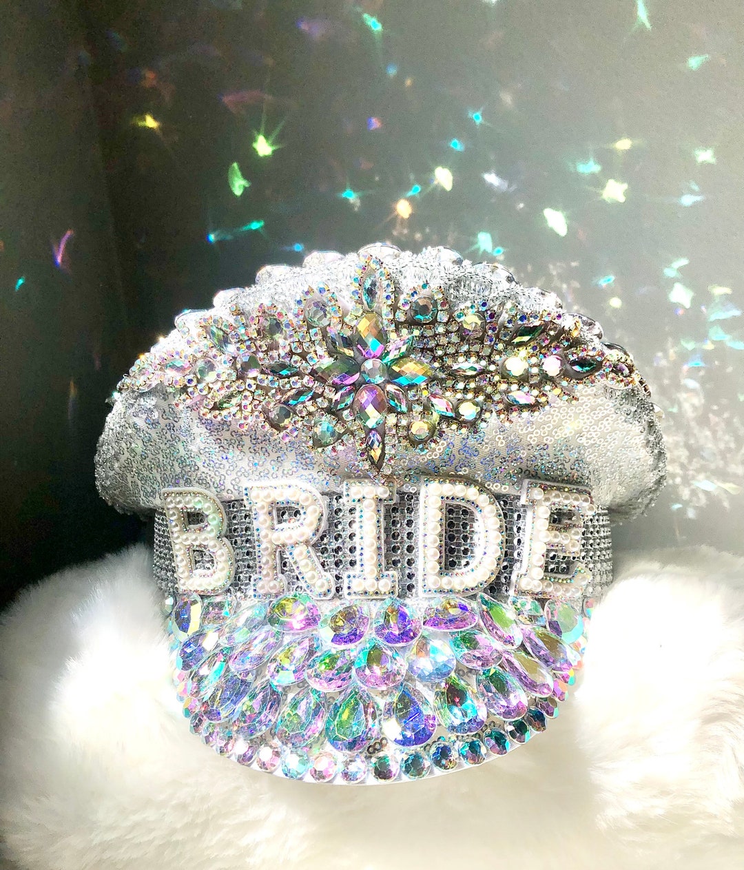 BRIDE Captain Police Military Cop Style Hat Ab Rhinestone Pearl Bead ...