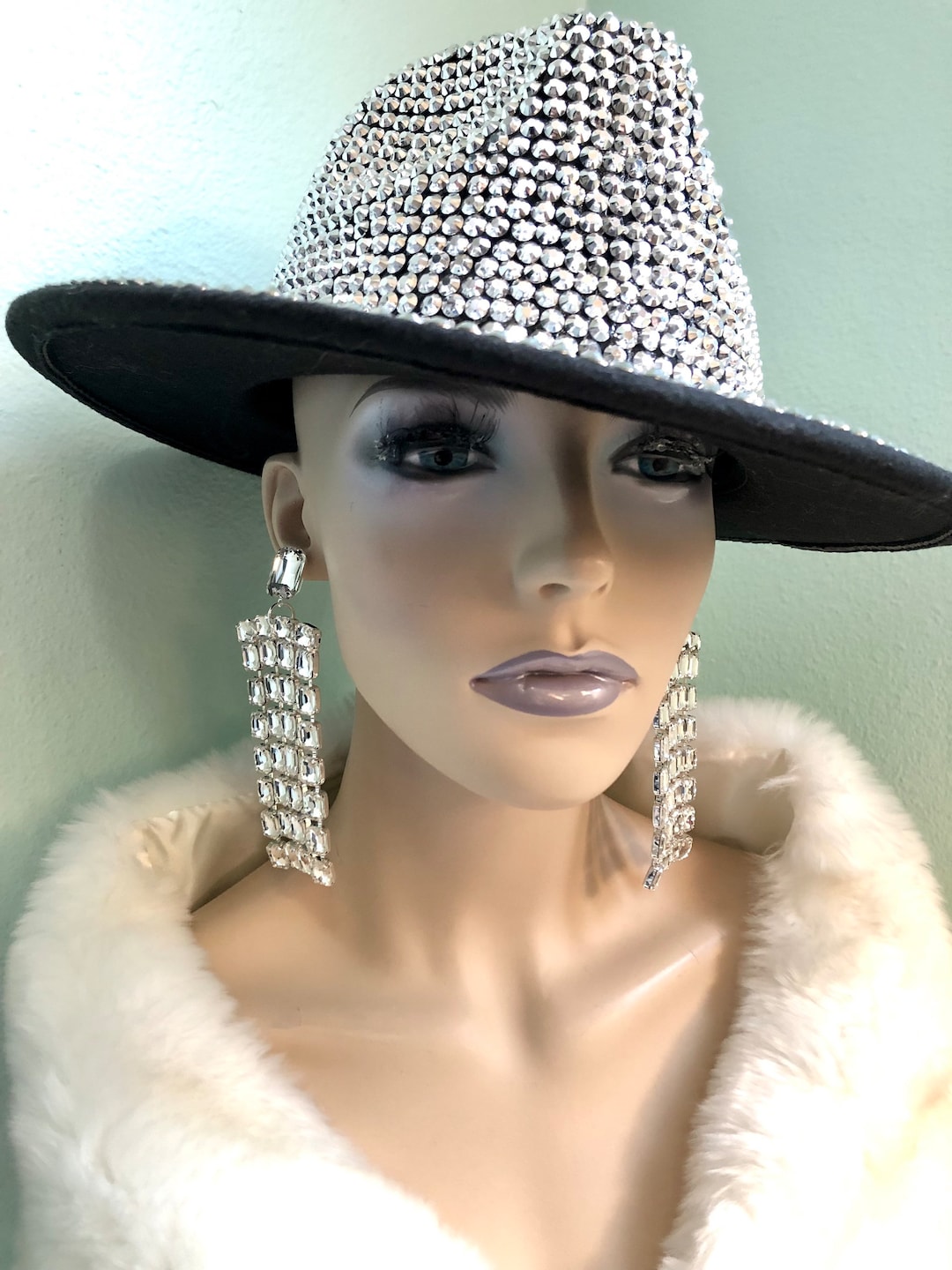 Silver Rhinestone Black Fedora Hat Gem Dance Jazz AB Red Purple Green ...