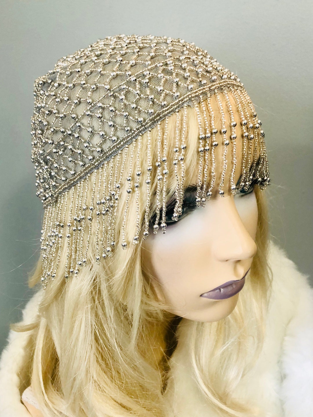 Beaded Mesh Cap: 20s Flapper Fringe Headpiece Silver Gold Black Red - Etsy