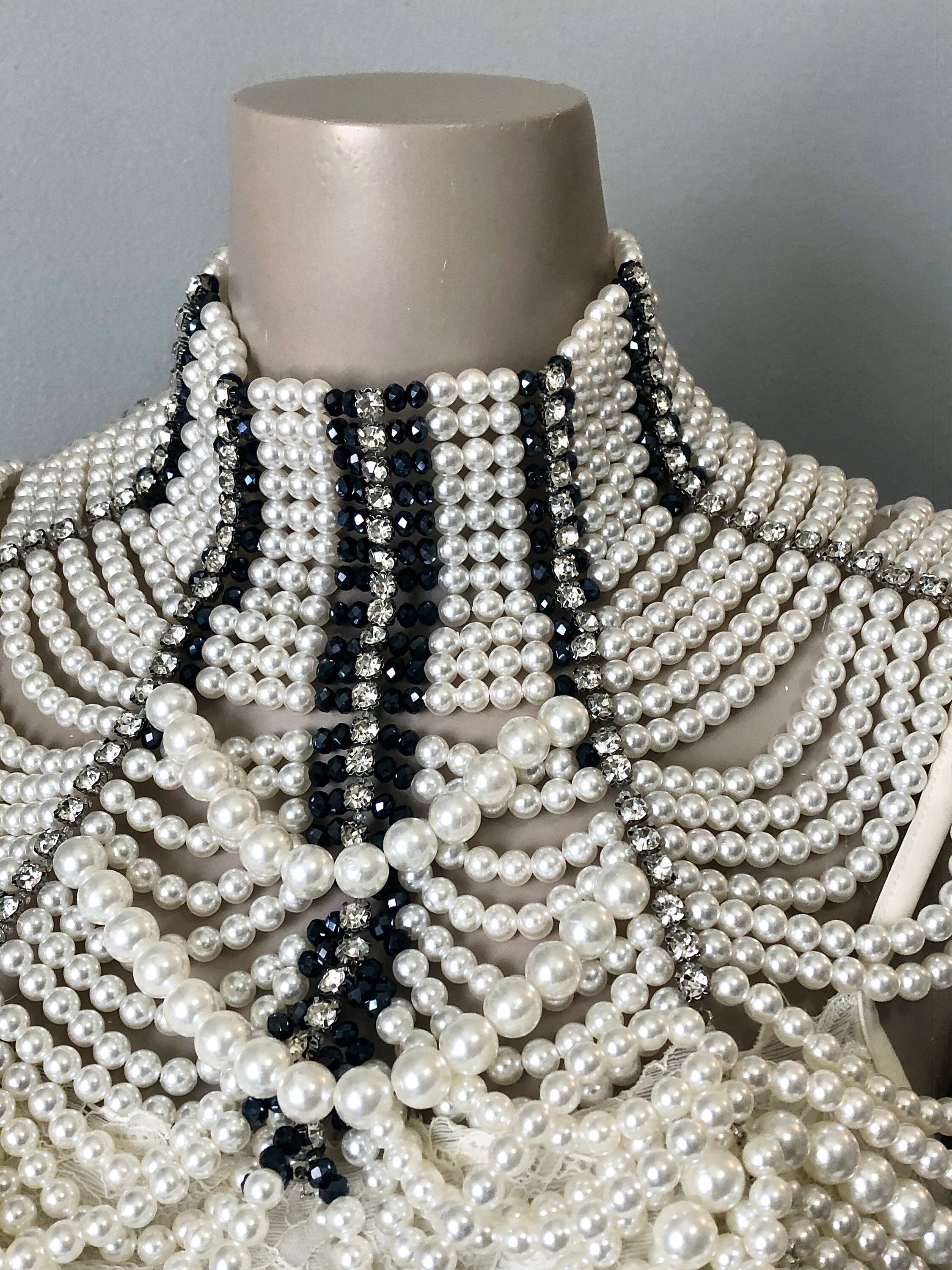 Rhinestone Pearl Shoulder Chain Ivory Bead Body Jewelry Cream Silver ...
