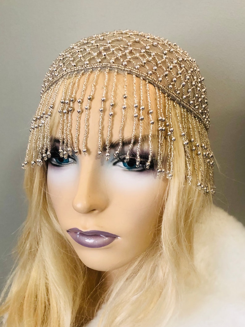 Beaded Mesh Cap: 20s Flapper Fringe Headpiece Silver Gold Black Red - Etsy