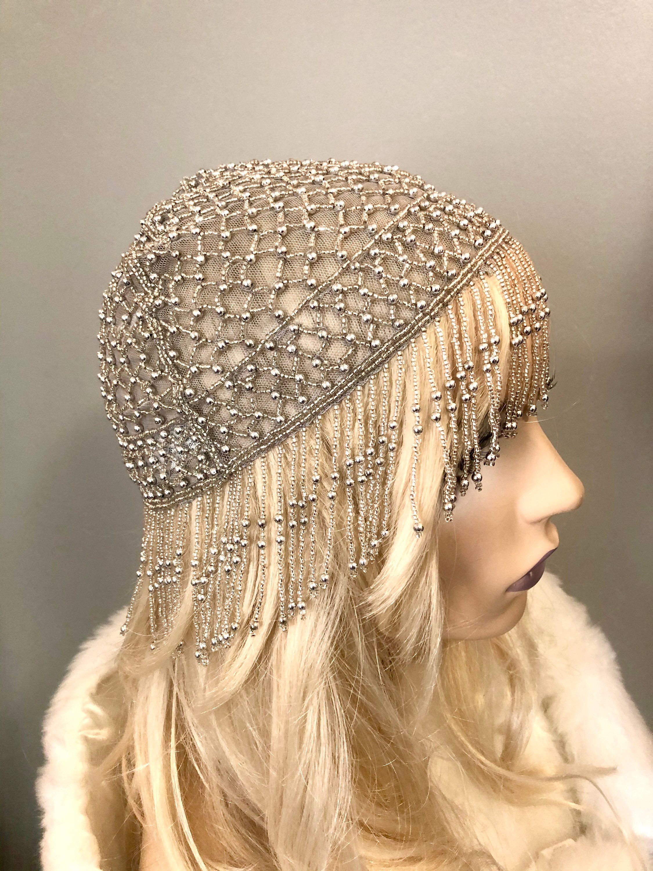 Silver Black Red Bead Mesh Cap Hat Fringe Headpiece Costume - Etsy UK