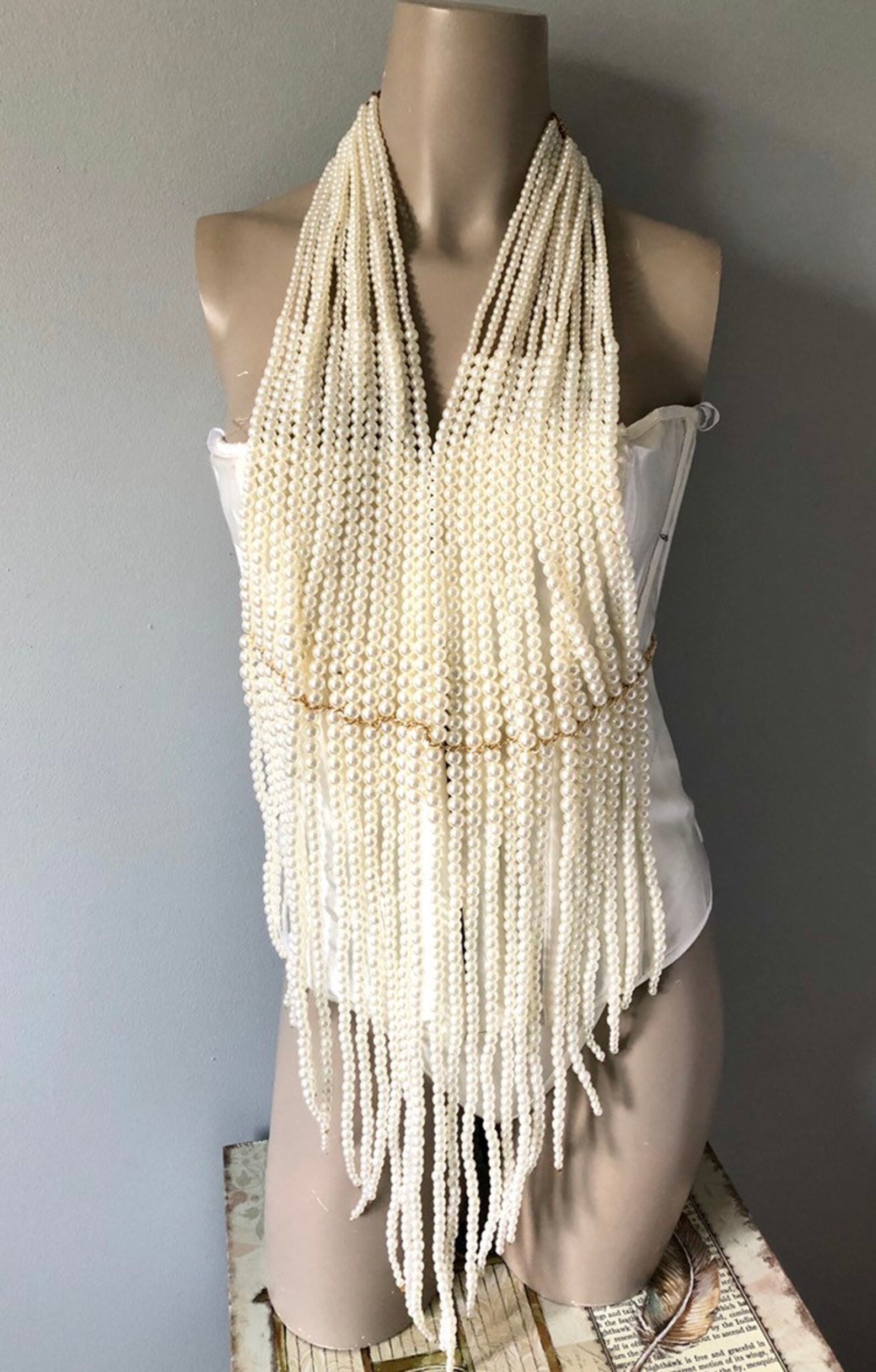 Long Pearl Bead Body Jewelry Gold Chain Bold Bride Ivory Cream | Etsy