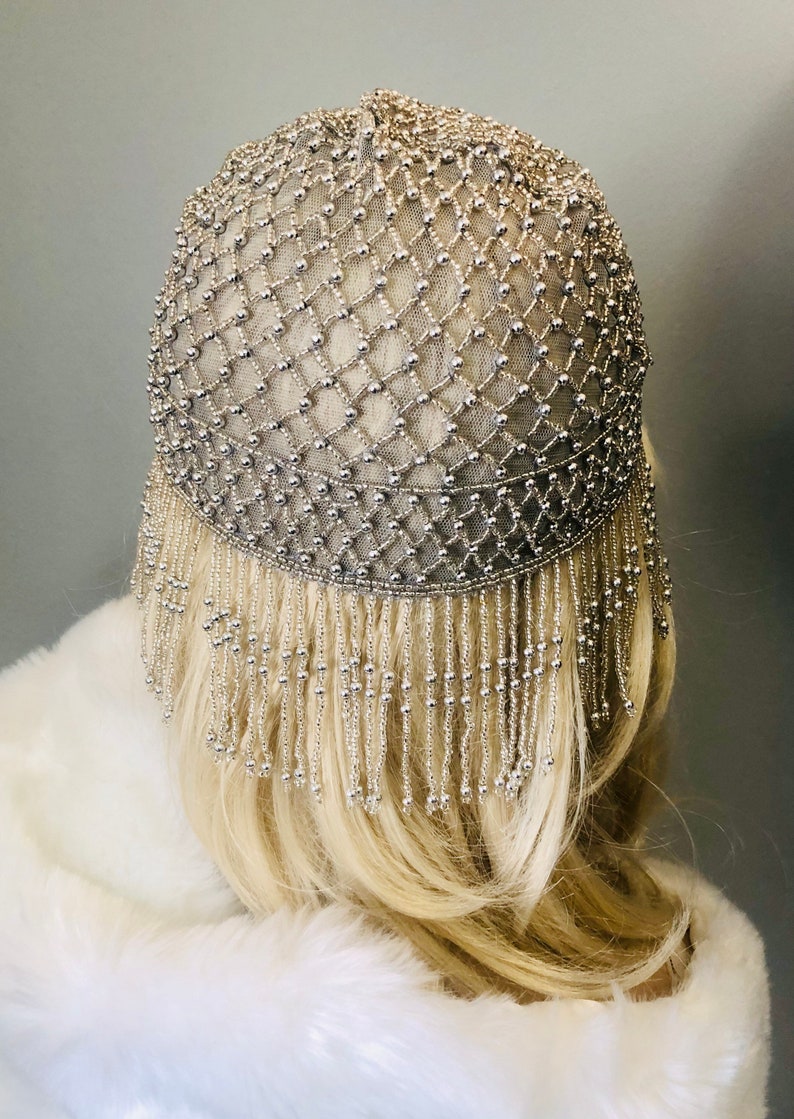 Beaded Mesh Cap: 20s Flapper Fringe Headpiece Silver Gold Black Red - Etsy