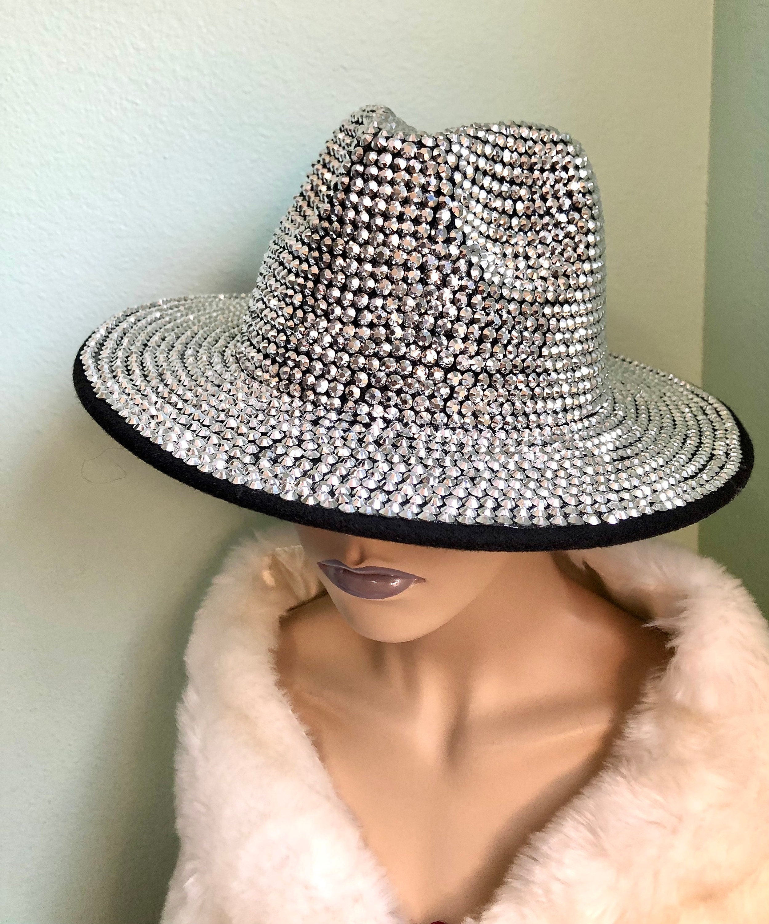 Silver Studded Rhinestone Fedora Hat Gem Dance Jazz AB Black Red Purple ...