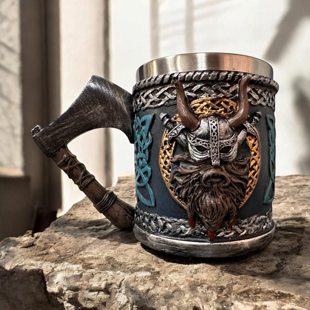 Medieval Viking Skull Mug, Vintage Warrior Style, Handmade Rune Beer ...