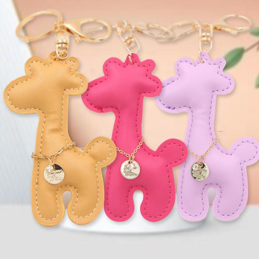 Custom Leather Cute Giraffe Deer Key Chain Name Engraved Bag Charm ...