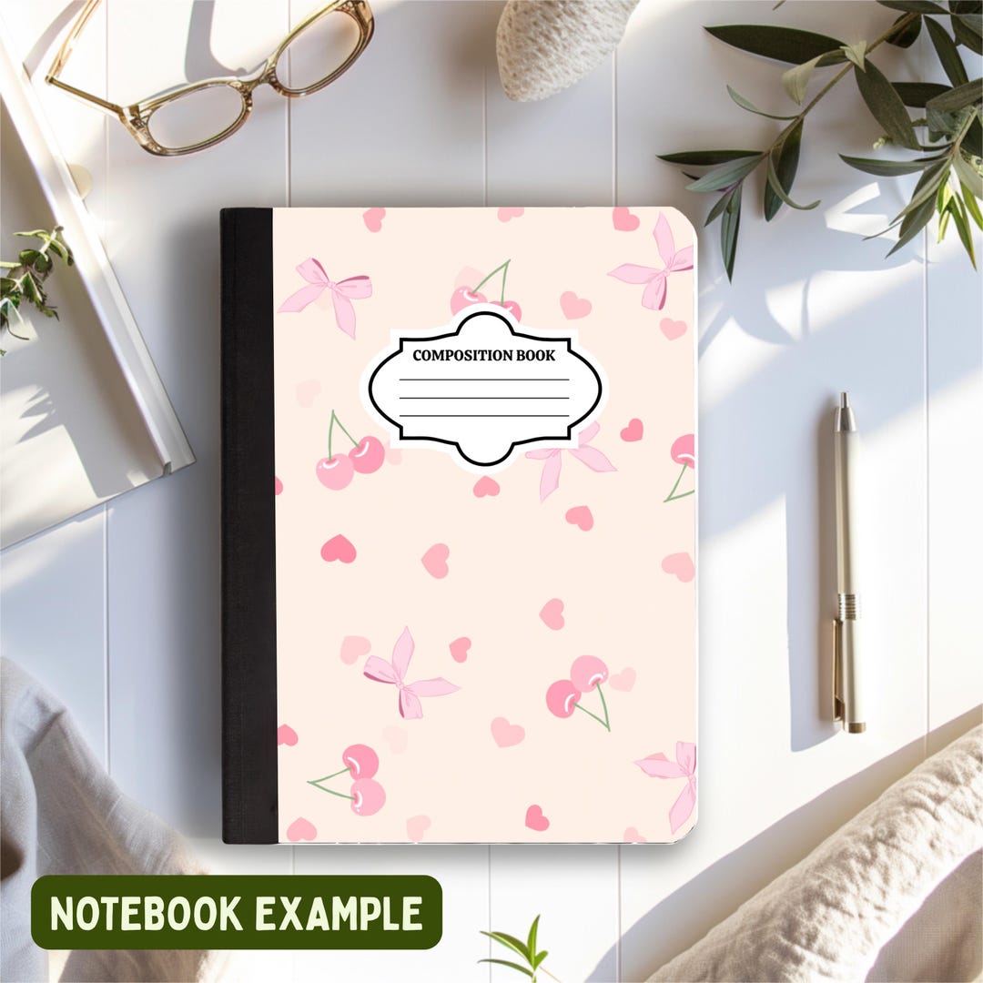 Pink Hearts Composition Notebook Cover PNG: Girly Bows & Cherries ...