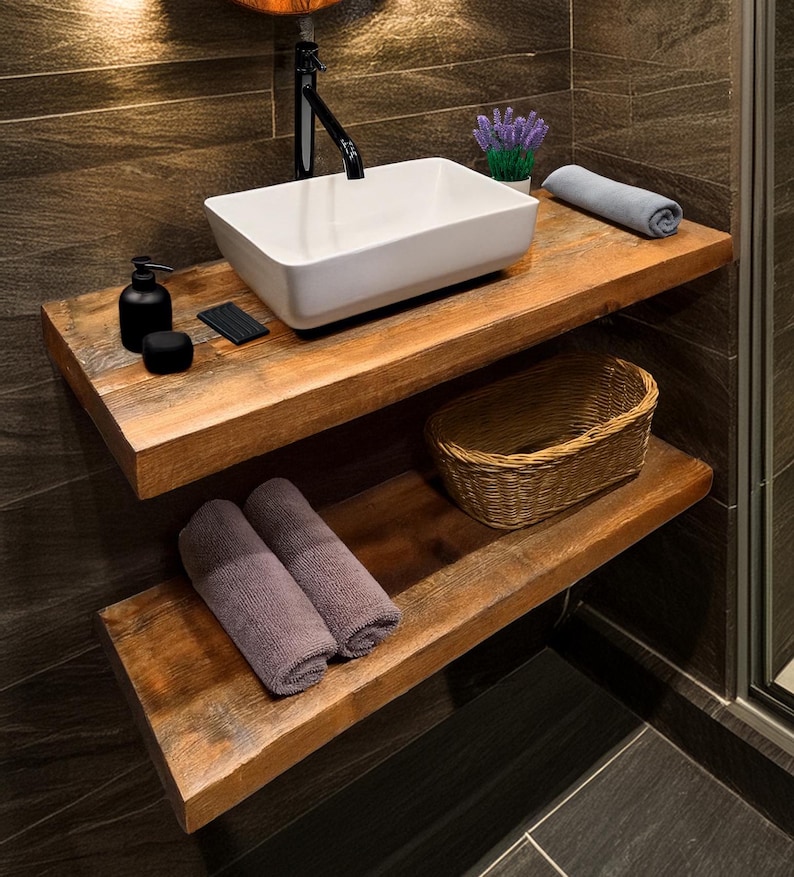 Rustic Wooden Floating Bathroom Vanity – Handmade Live Edge Farmhouse ...