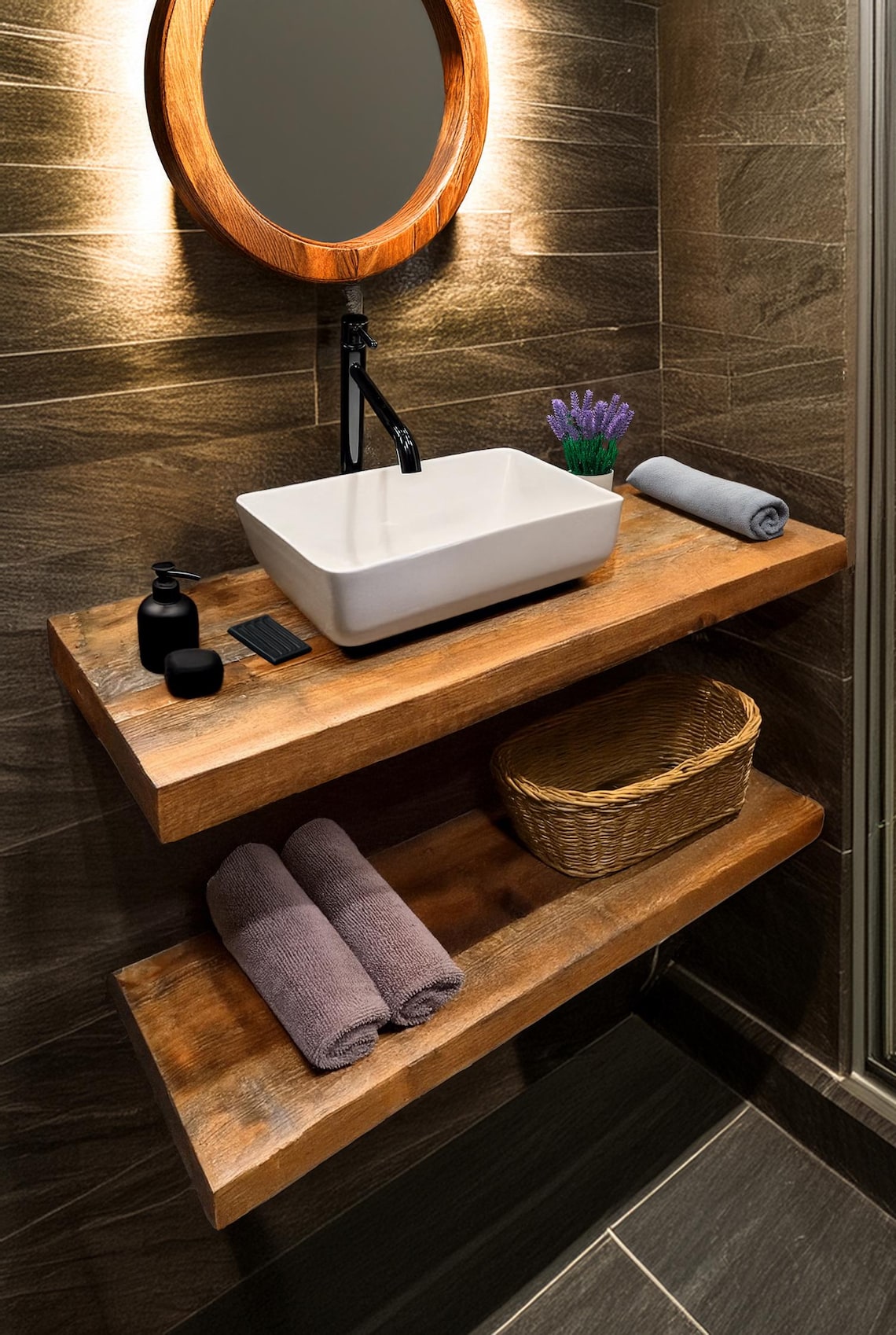 Wooden Rustic Live Edge Bathroom Vanity – Handcrafted Solid Floating ...
