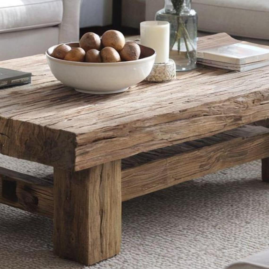 Rustic Wooden Coffee Table – Solid Handmade Farmhouse Decor, Round or ...
