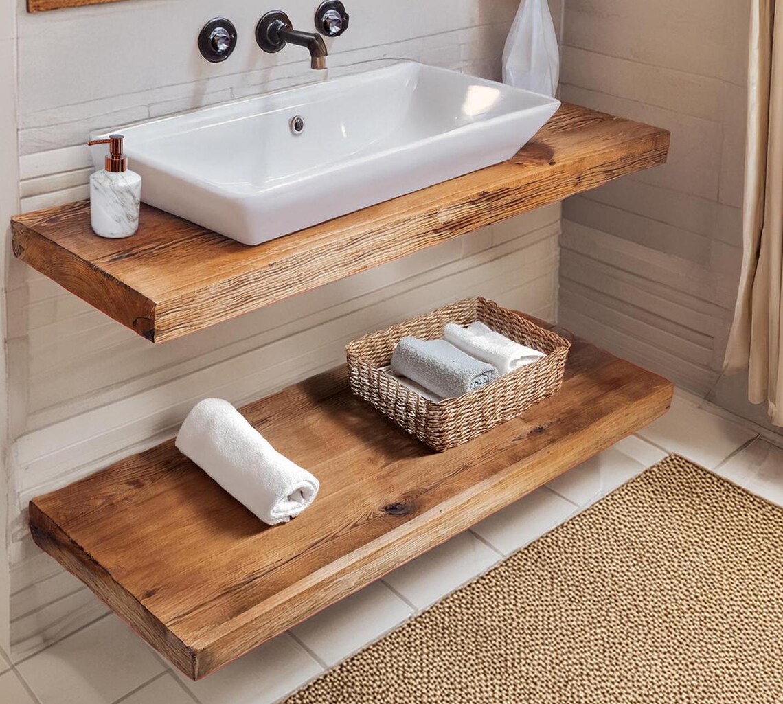 Rustic Wooden Floating Bathroom Vanity – Handmade Live Edge Farmhouse ...