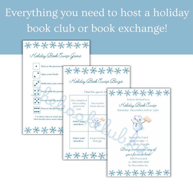 Snowman Holiday Party Book Swap Invitation, Book Club Exchange Invite ...