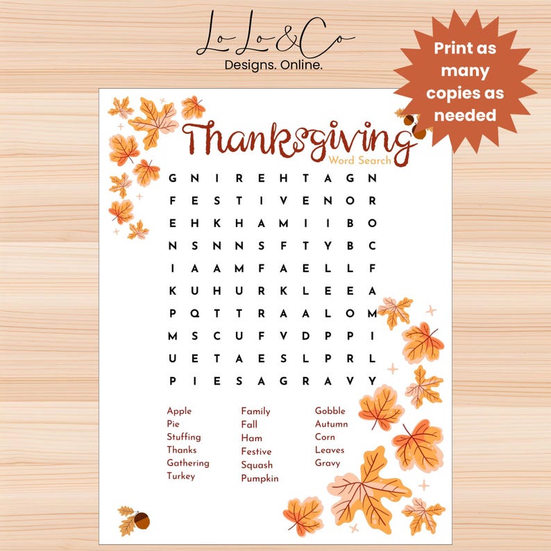 Thanksgiving Word Search Printable: Fun Kids Activity (PDF Download) - Etsy