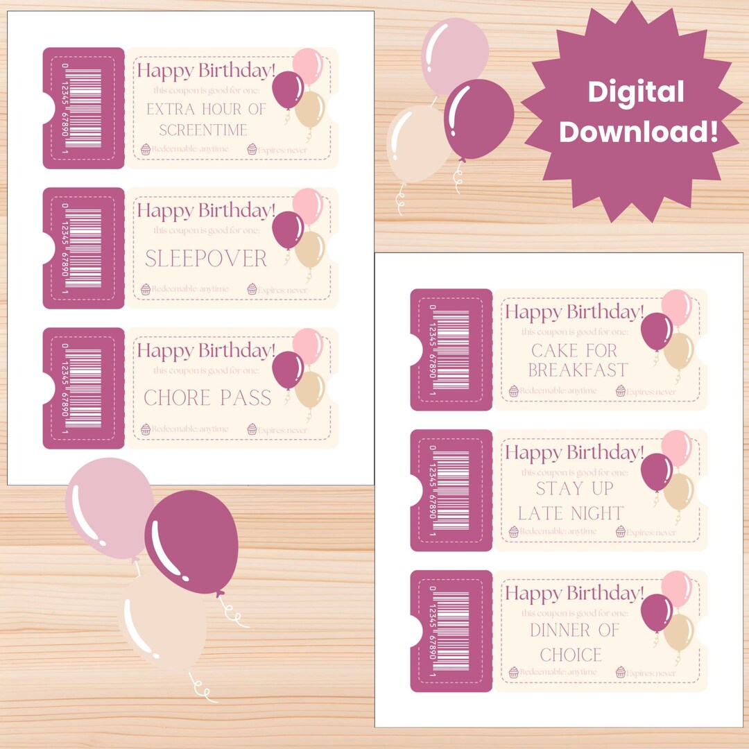 Printable Birthday Coupons for Kids, Birthday Gift Certificate, Kids ...