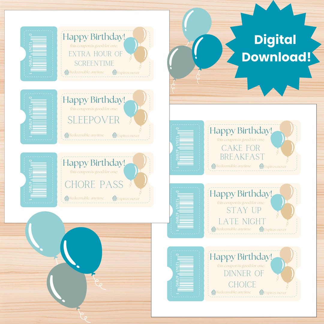 Printable Birthday Coupons for Kids, Birthday Gift Certificate, Kids ...