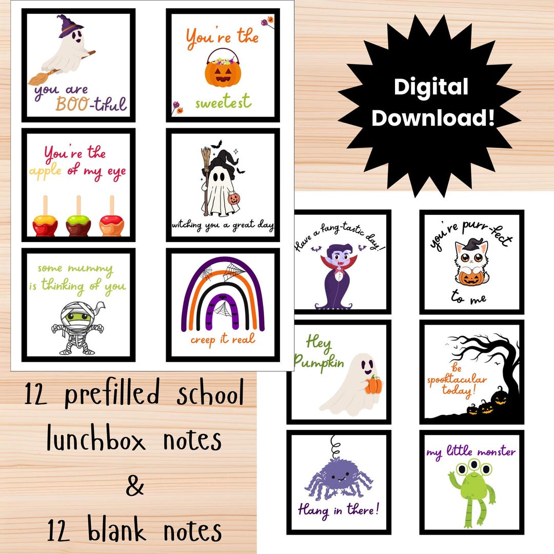 Lunchbox Notes for Kids, Halloween Lunchbox Notes, Kids Lunch Note ...