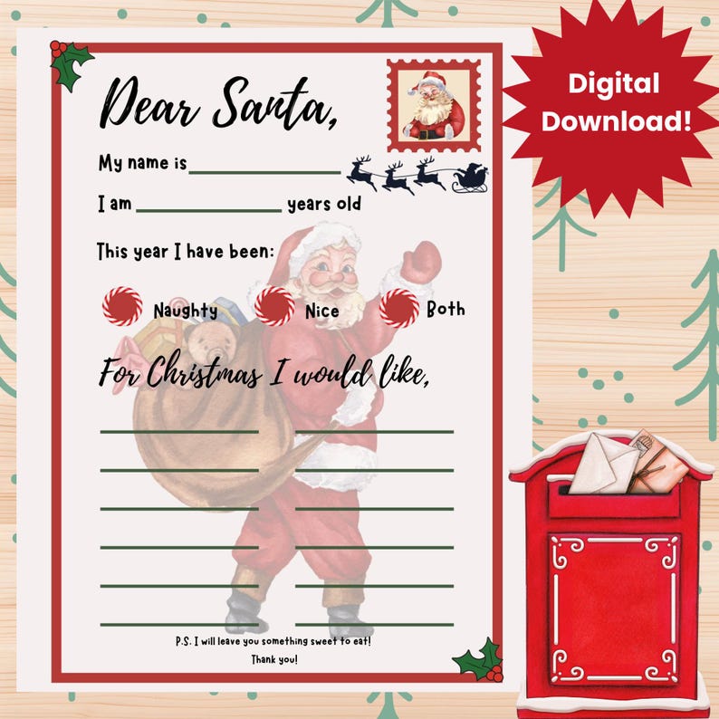 Letter to Santa Printable, Kids Christmas Wishlist, Dear Santa Letter ...