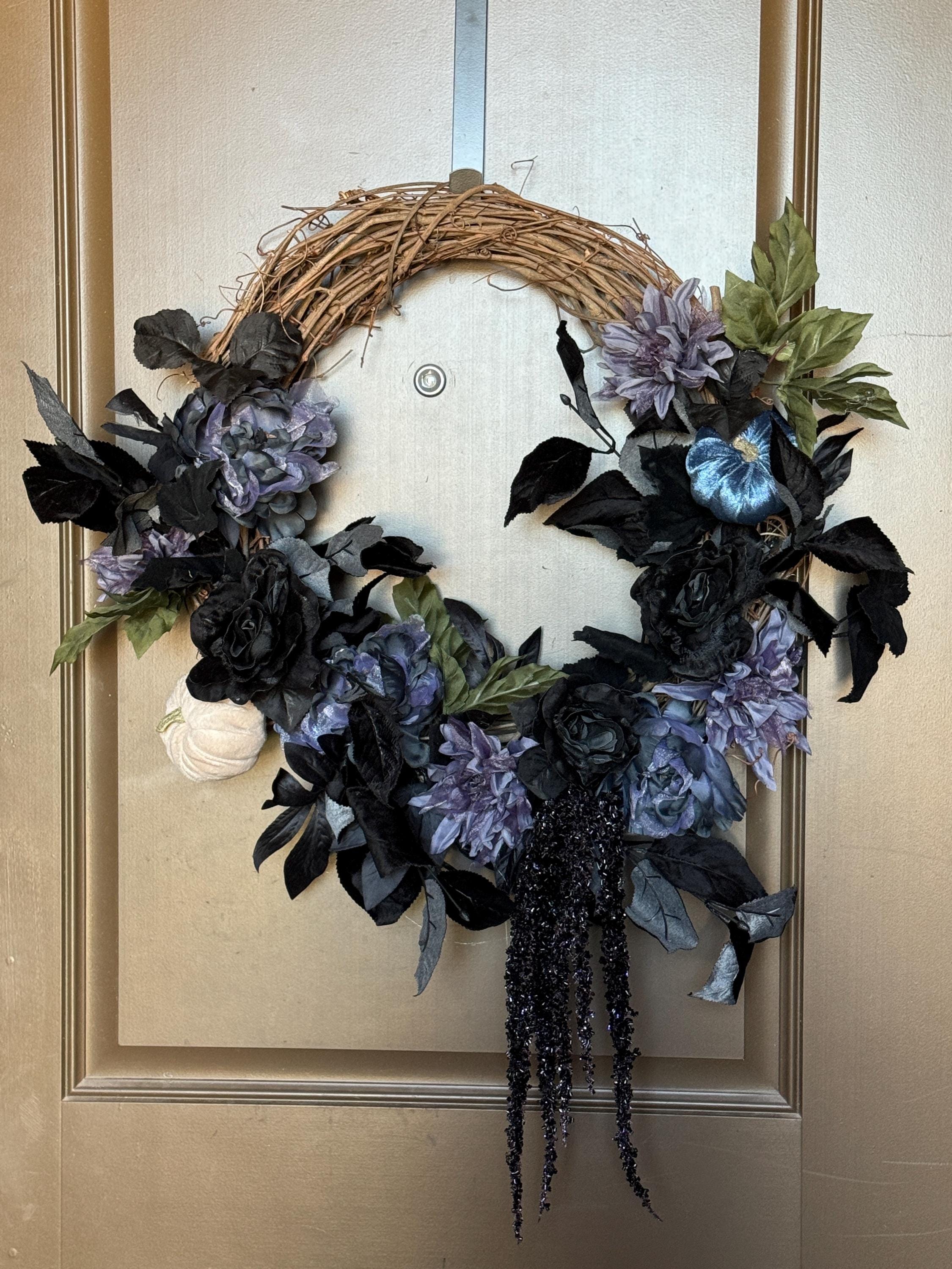 Black Goth Fall Wreath- Gothic Theme- Black Roses- Blue Pumpkins ...