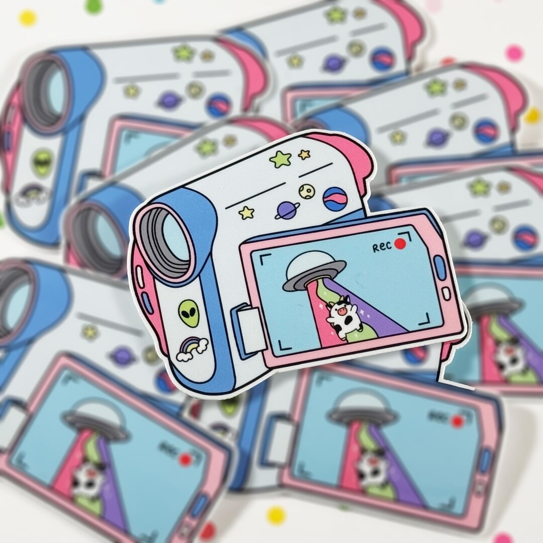 Cute Alien Camcorder UFO Decal Laminated Vinyl Sticker Playful Space ...