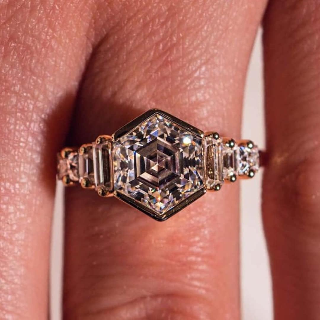 2 CT Hexagon Moissanite Ring for Women Vintage Moissanite Engagement Ring 14K Solid Gold Art ...