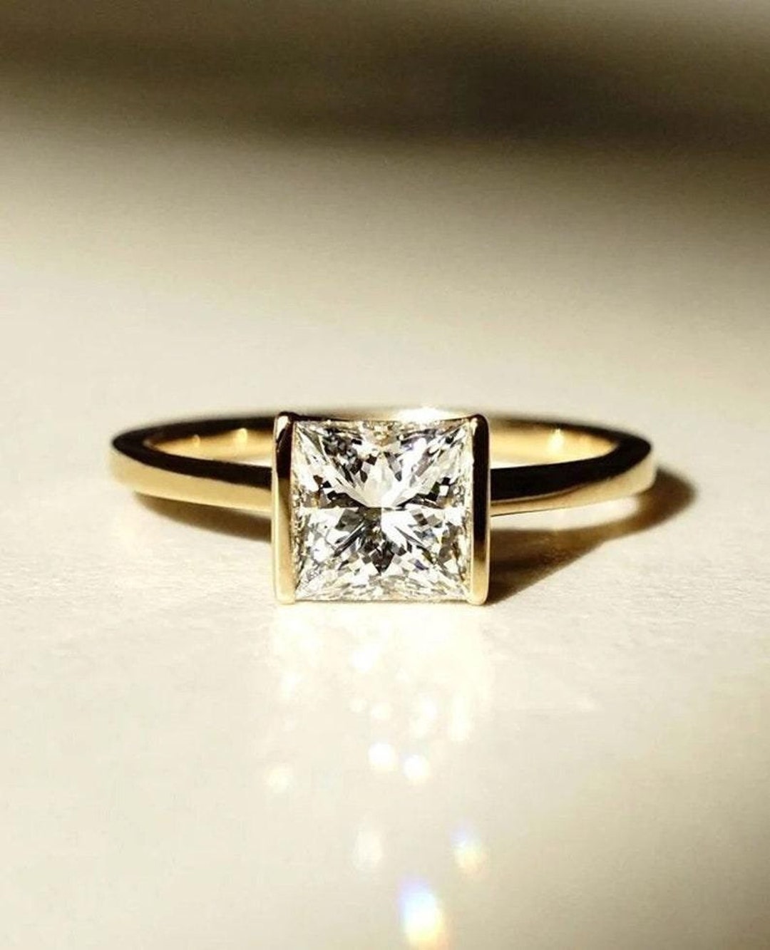 2 CT Princess Cut Half Bezel Solitaire Ring 14k Gold Princess Cut Bar ...
