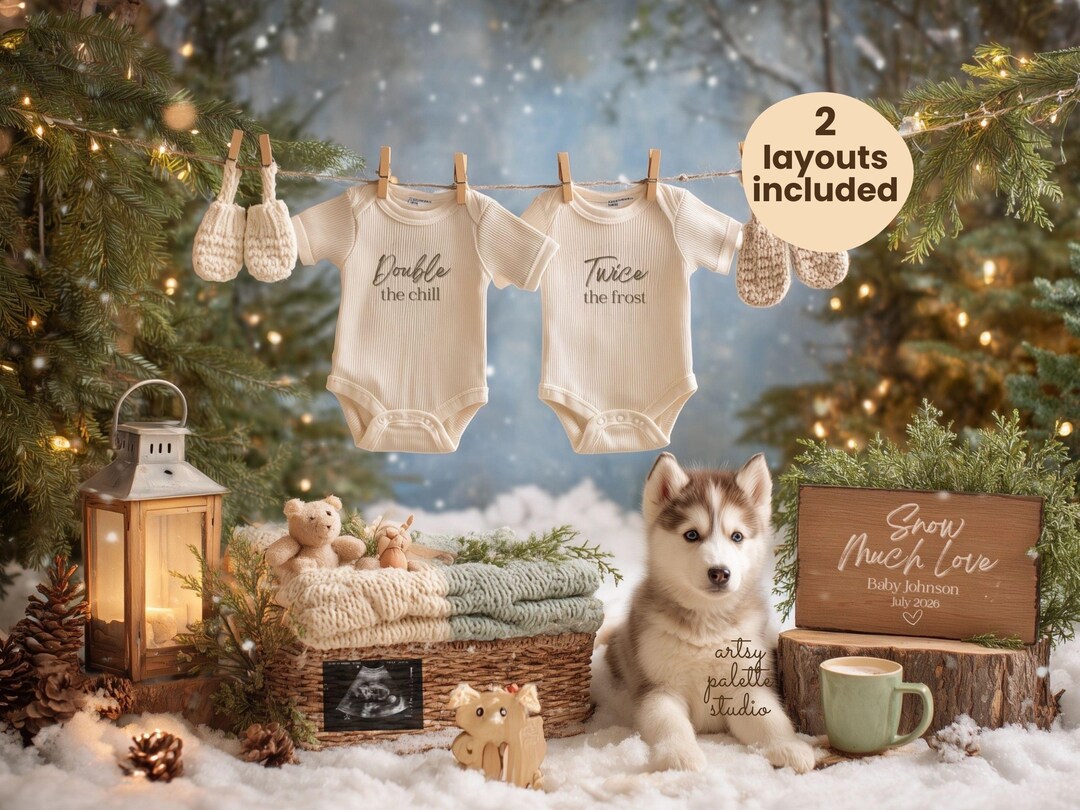 Winter Twin Pregnancy Announcement Digital Template Baby Reveal With ...
