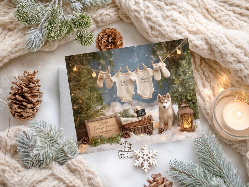 Winter Twin Pregnancy Announcement Digital Template Baby Reveal With ...