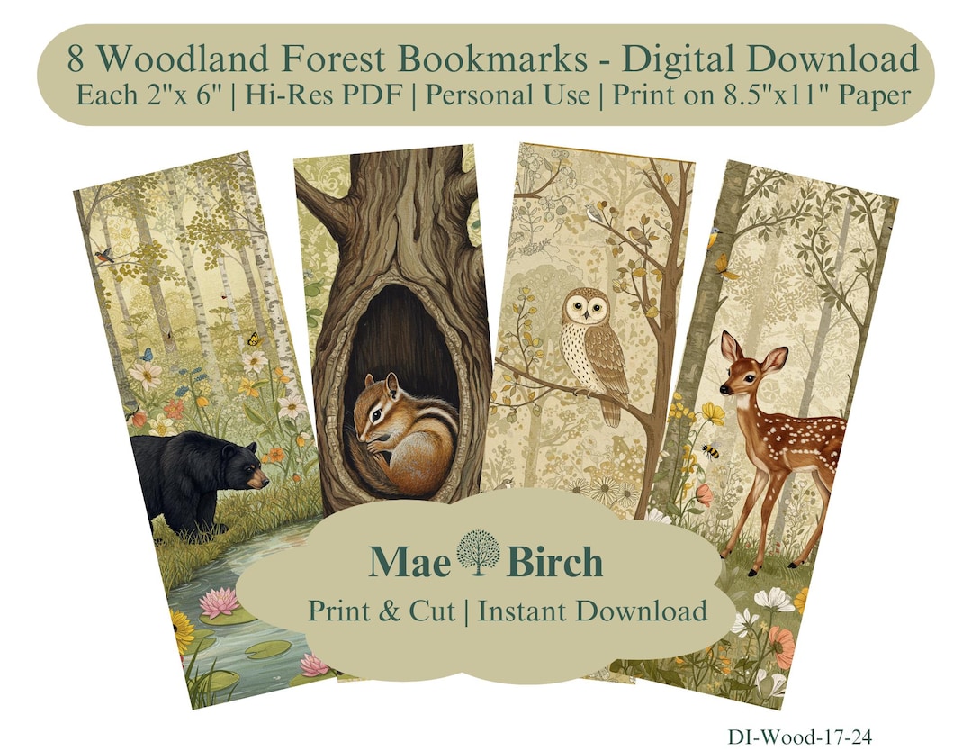 8 Woodland Enchanted Forest Printable Bookmarks Digital Download Great ...