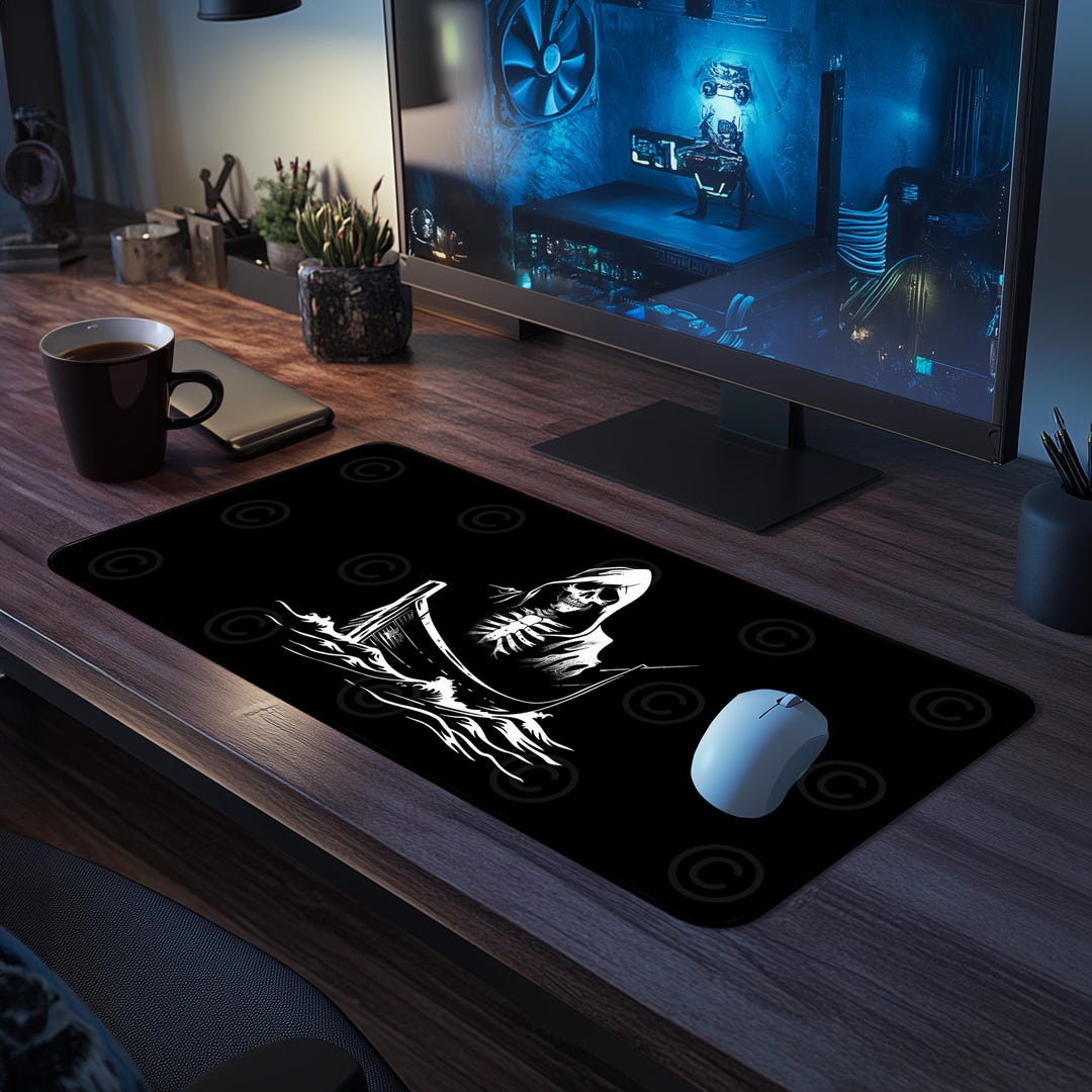 Gothic Desk Mat, Skull on a Boat, Black White Minimalist Macabre Mouse ...