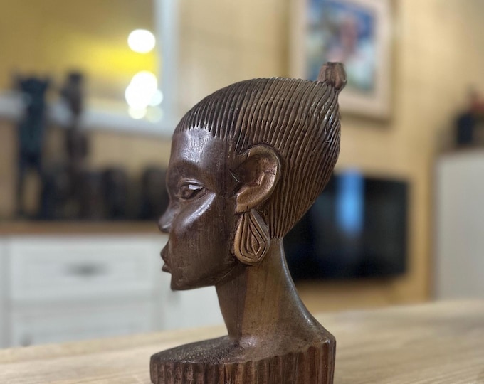 24cm Heavy African Female Head Sculpture Ebony Wood Vintage African ...