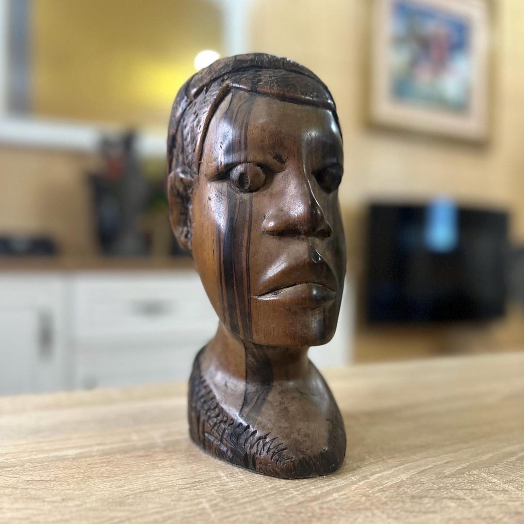 25cm Vintage African Wooden Man Bust Handmade Figurine Male Head Ebony ...