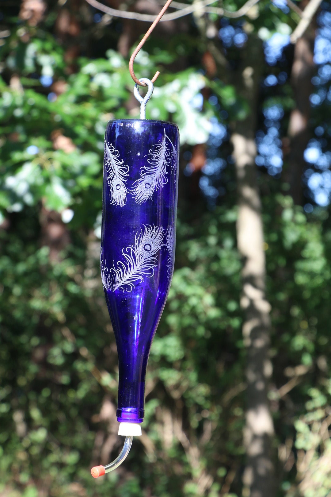 NEW ETCHED Peacock Feather Recycled Wine Bottle Hummingbird or Bird ...