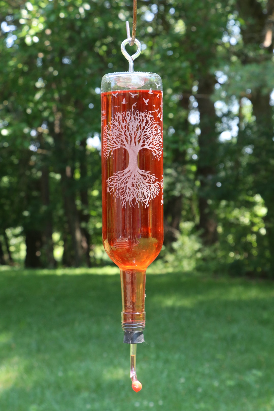 NEW ETCHED Tree of Life Recycled Wine Bottle Hummingbird or Bird Feeder ...