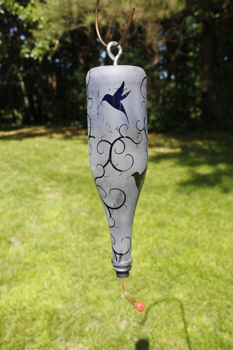 Etched Blue Hummingbird and Vine Wine bottle Hummingbird | Etsy