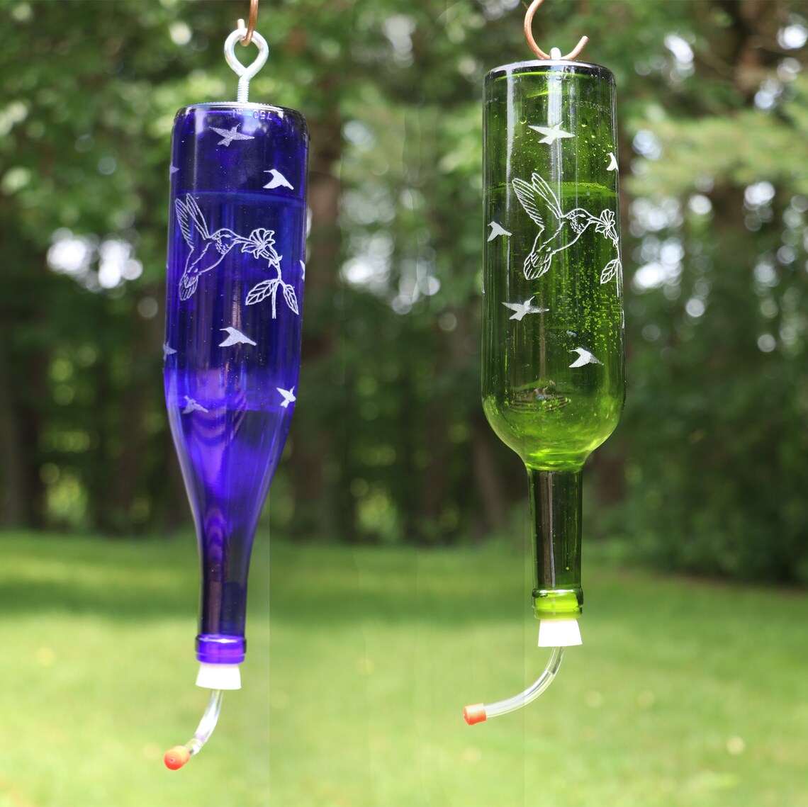 NEW ETCHED Hummingbirds Recycled Wine Bottle Hummingbird or Bird Feeder ...