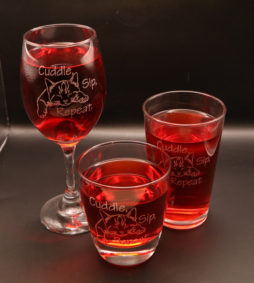 Cat Lover "cuddle, Sip, Repeat" Etched Wine, Stemless Wine, or Pub ...