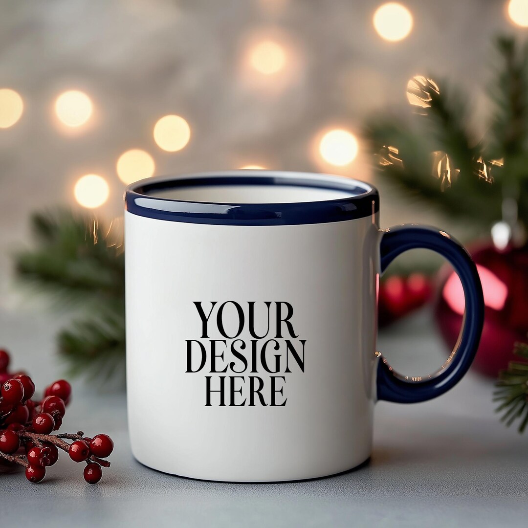 Christmas Navy Handle 11 Oz Mug Mockup, Navy Coffee Cup Mockup, White ...