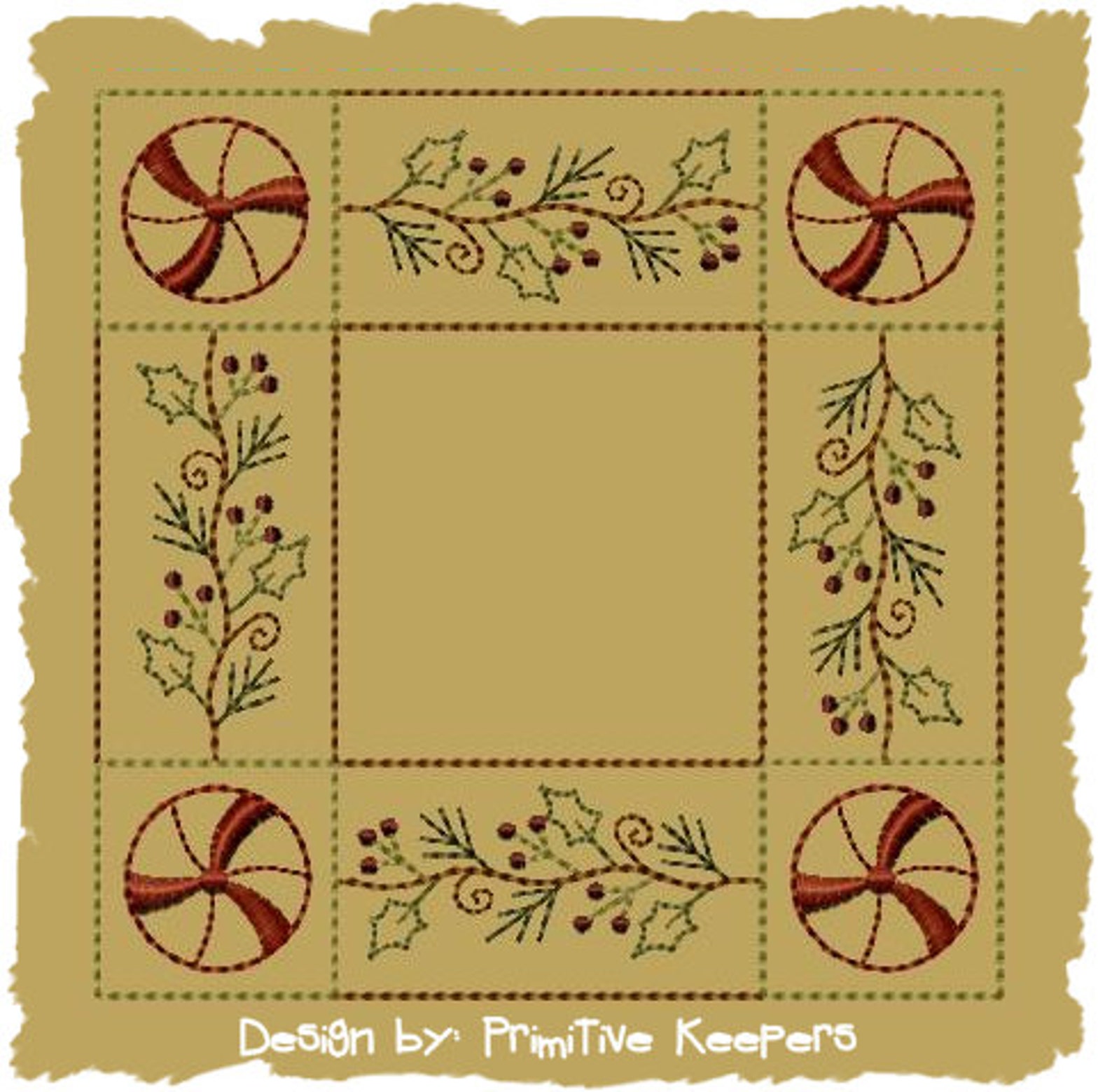 Primitive Machine Embroidery Design-peppermint Holly Candle Mat-4 Inch ...