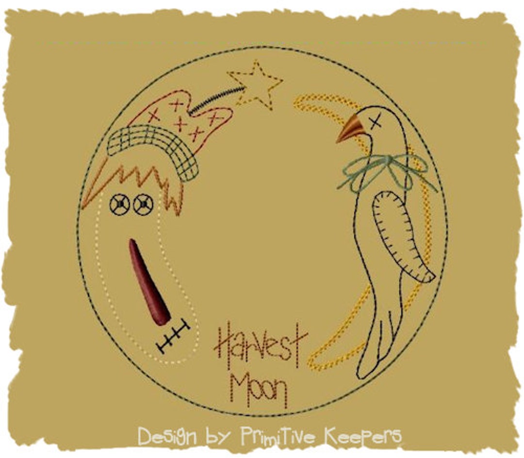 Primitive Machine Embroidery--harvest Moon Candle Mat-5 Inch-version 2 ...