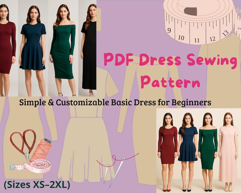 PDF Dress Sewing Pattern – Simple & Customizable Basic Dress for ...