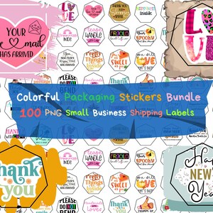 Colorful Packaging Stickers Bundle – 100 PNG Small Business Shipping ...