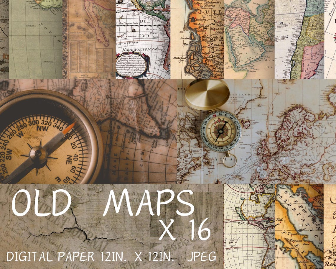 Vintage Old Maps Digital Paper Pack - 16 Antique Map Backgrounds for ...