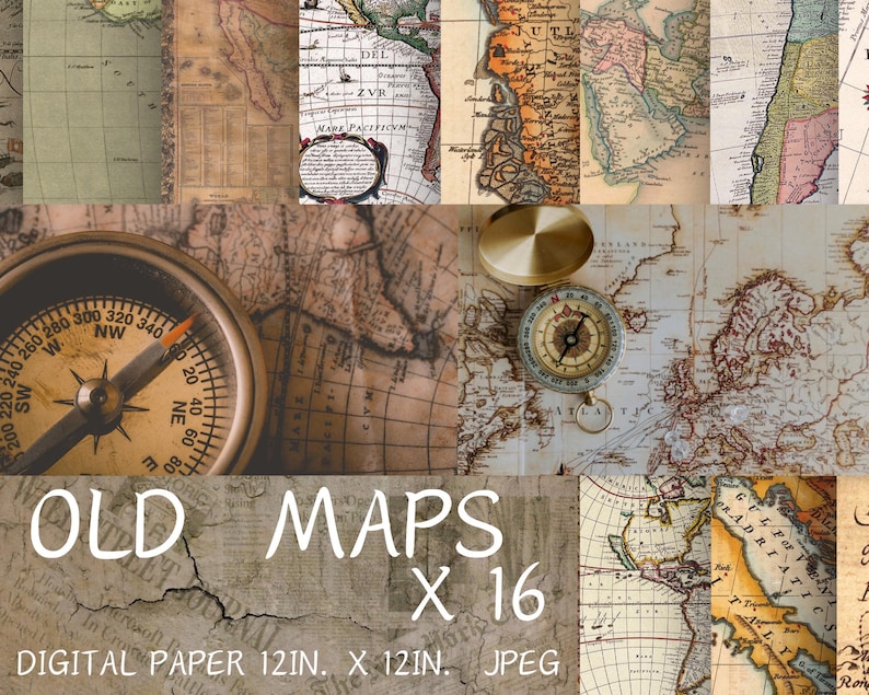 Vintage Old Maps Digital Paper Pack - 16 Antique Map Backgrounds for ...