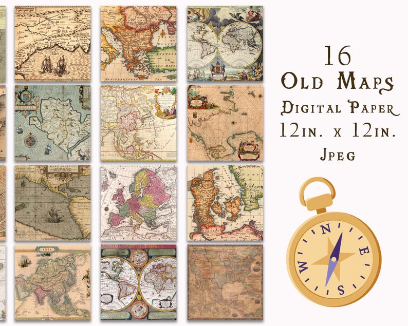 Vintage Old Maps Digital Paper Pack - 16 Antique Map Backgrounds for ...