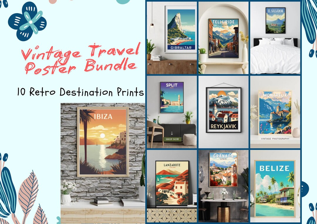 Vintage Travel Poster Bundle | 10 Retro Destination Prints | Printable ...