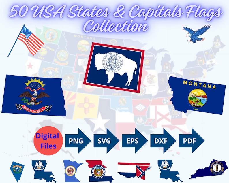 50 USA States & Capitals Flags Collection – Digital Graphic Bundle for ...