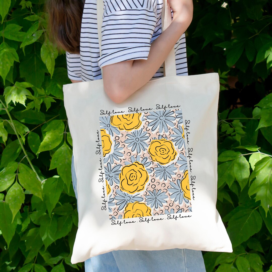Self Love Floral Tote Bag, Boho Daisy and Rose Pattern, Yellow & Blue ...