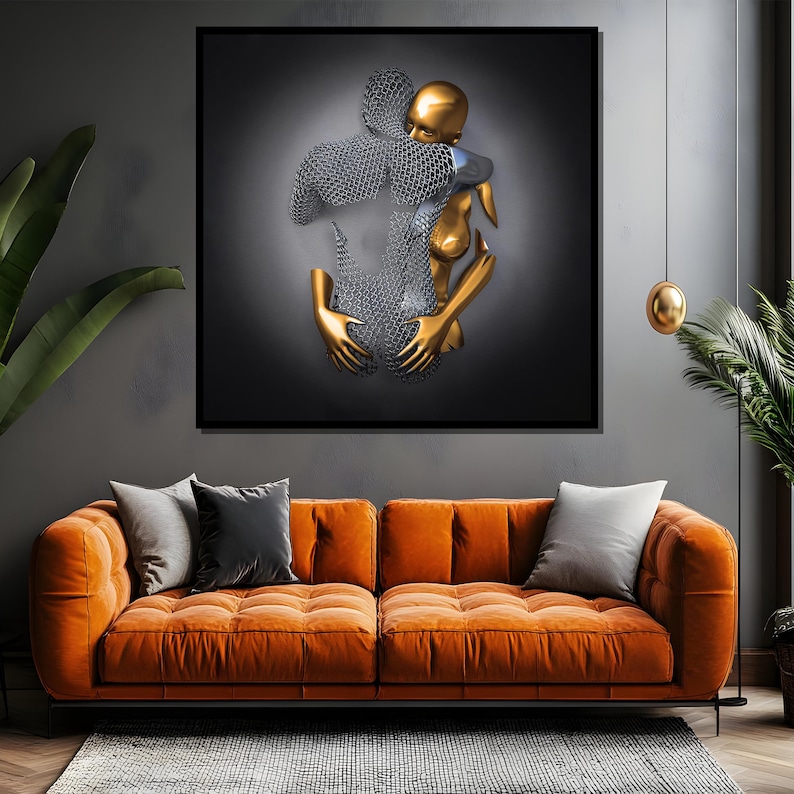 Embracing Figures Abstract Canvas Painting in Gold and Silver, Romantic Art With Textured Mesh ...